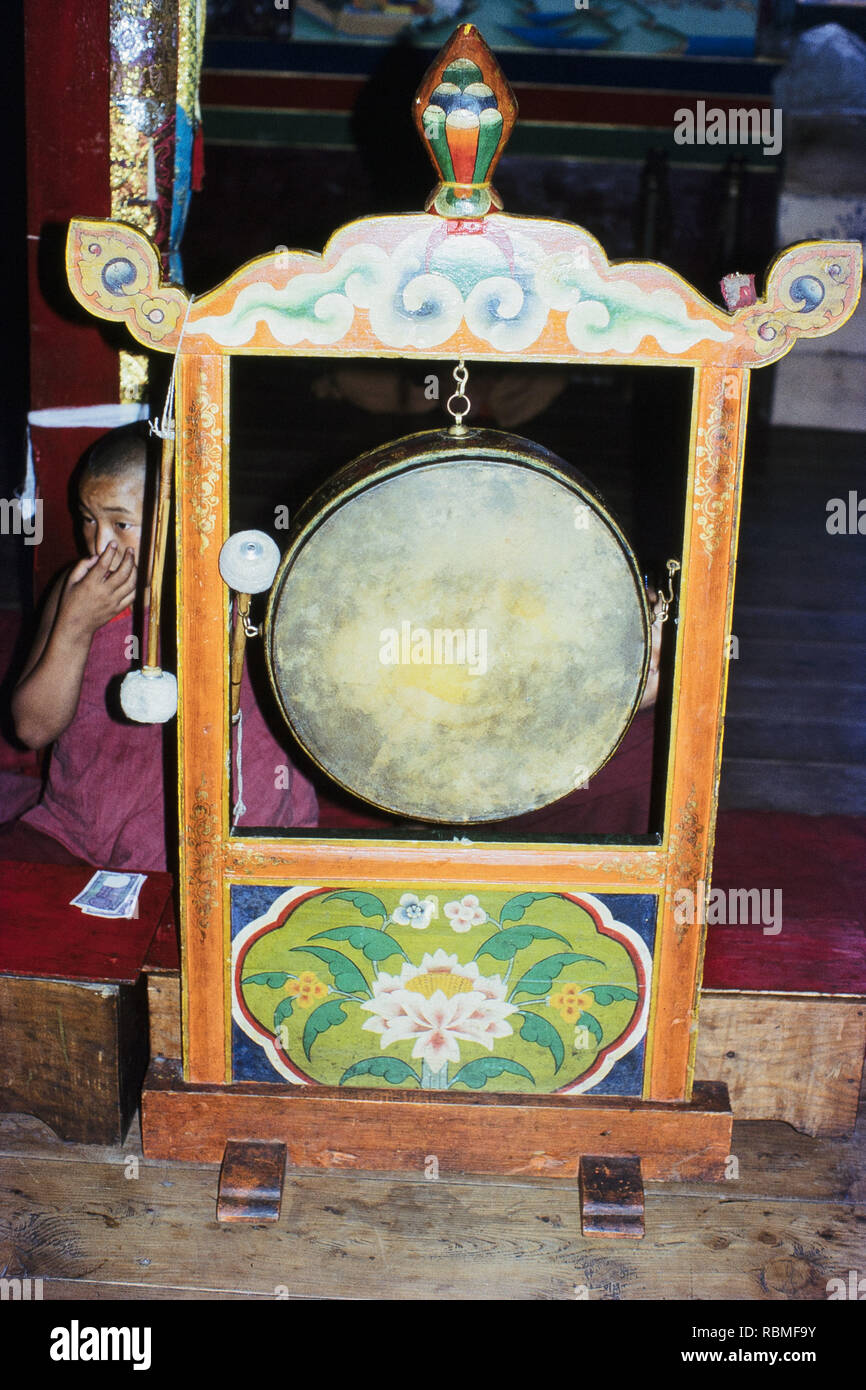 Close up of traditional Buddhist Gong in temple, Manali, Himachal ...
