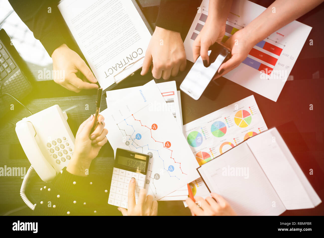 Office Desk with documents and calculator top view Stock Photo - Alamy