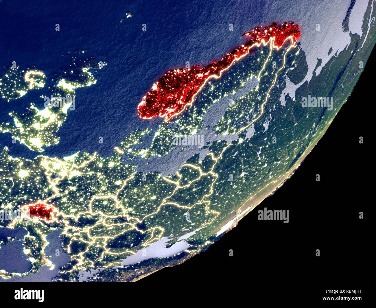 EFTA countries from space on model of Earth at night. Very fine detail ...