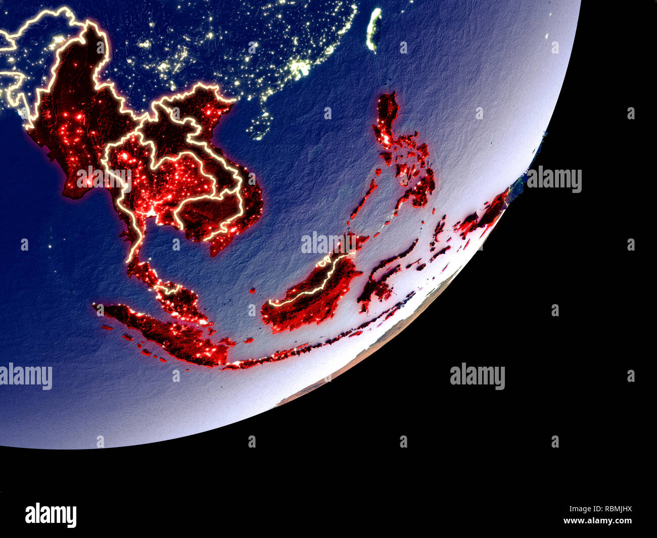 ASEAN memeber states from space on model of Earth at night. Very fine ...