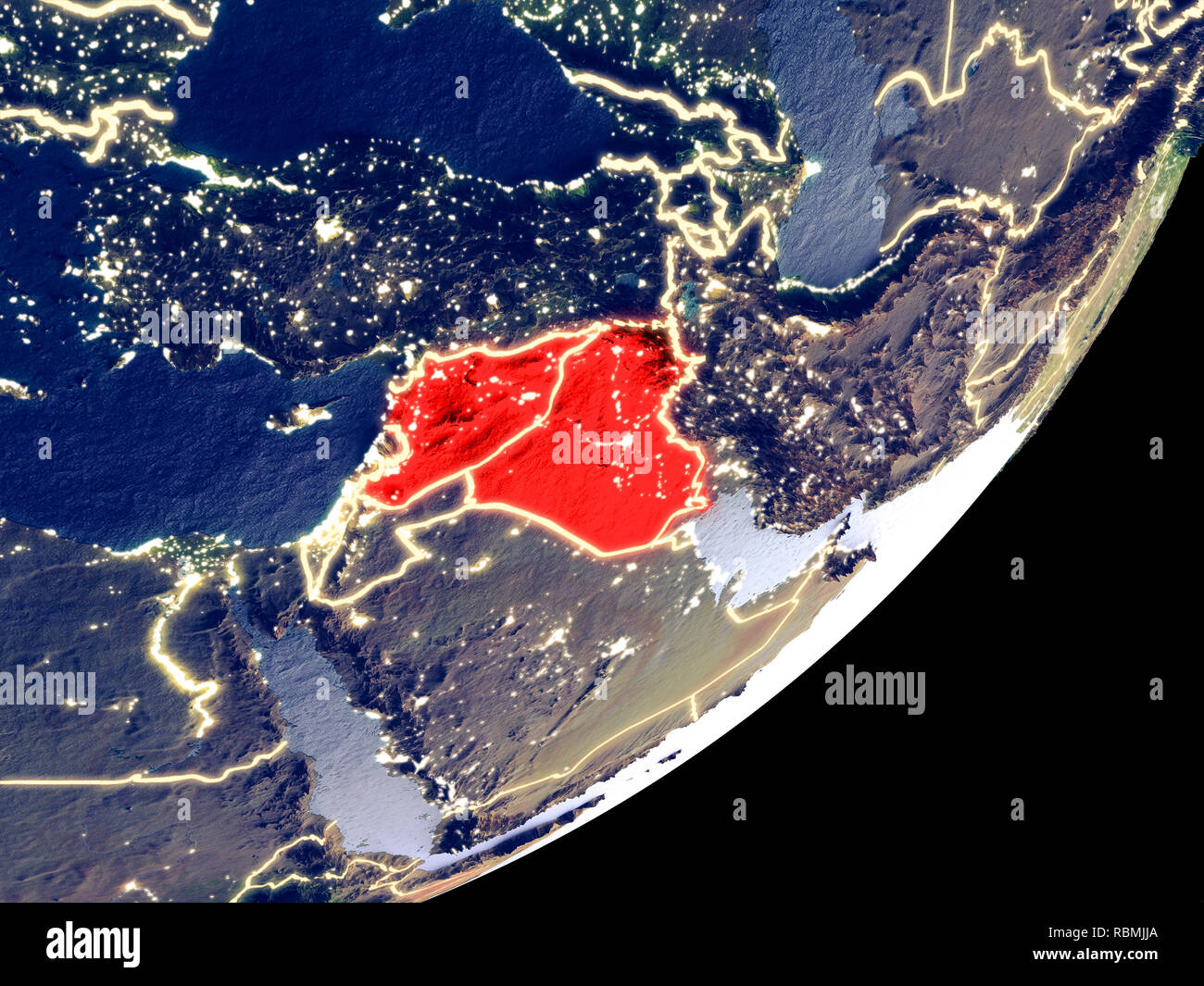 Islamic State from space on model of Earth at night. Very fine detail ...