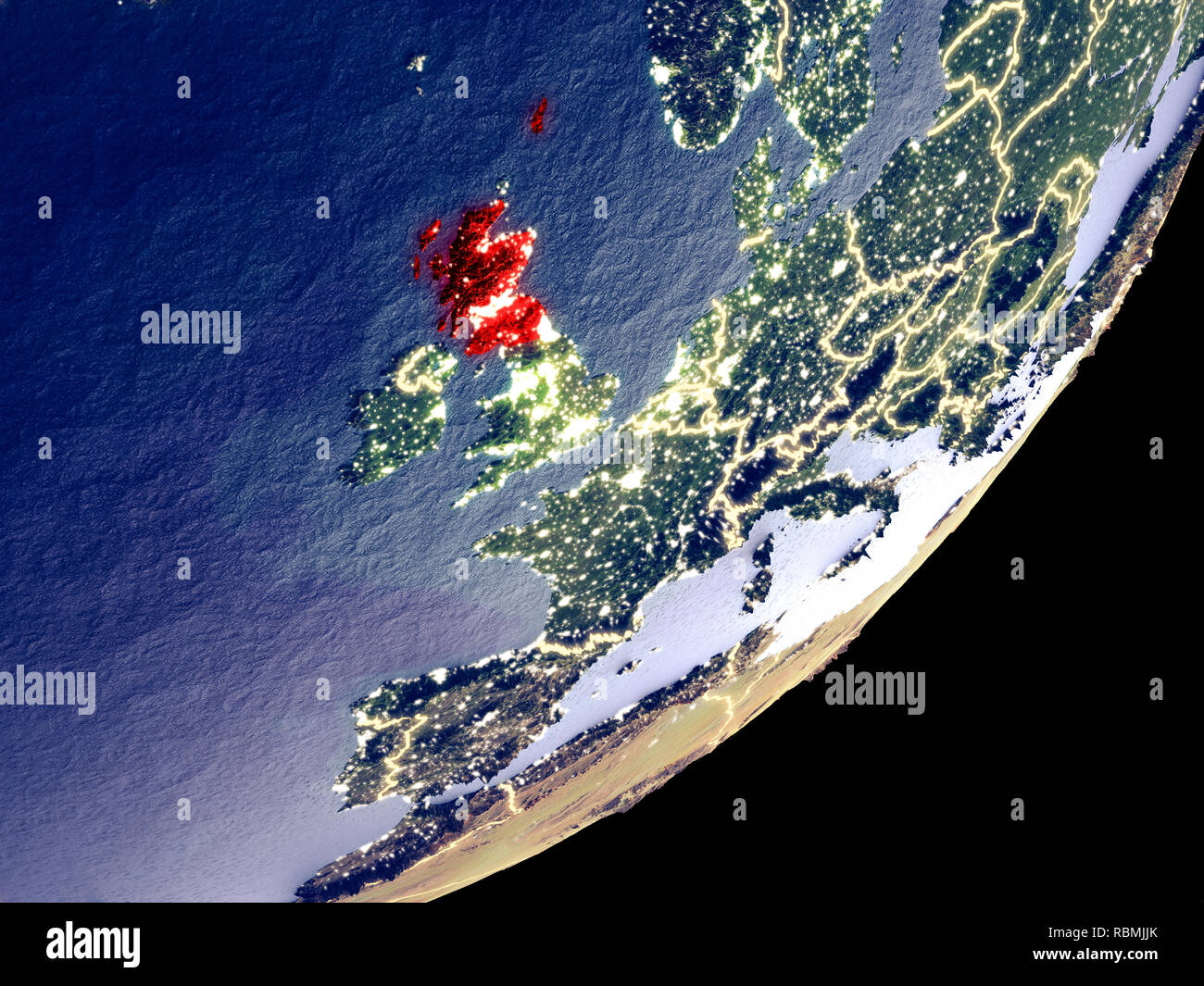 Scotland from space on model of Earth at night. Very fine detail of the ...