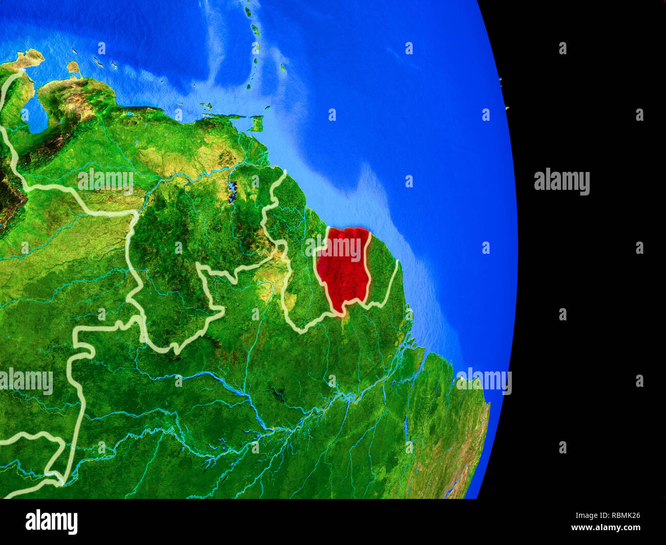 Suriname on realistic model of planet Earth with country borders and ...
