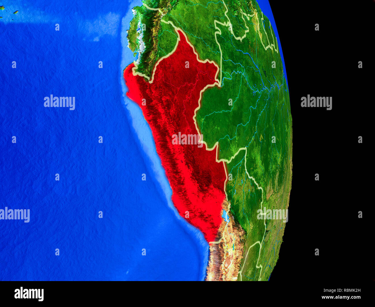 Peru on realistic model of planet Earth with country borders and very ...