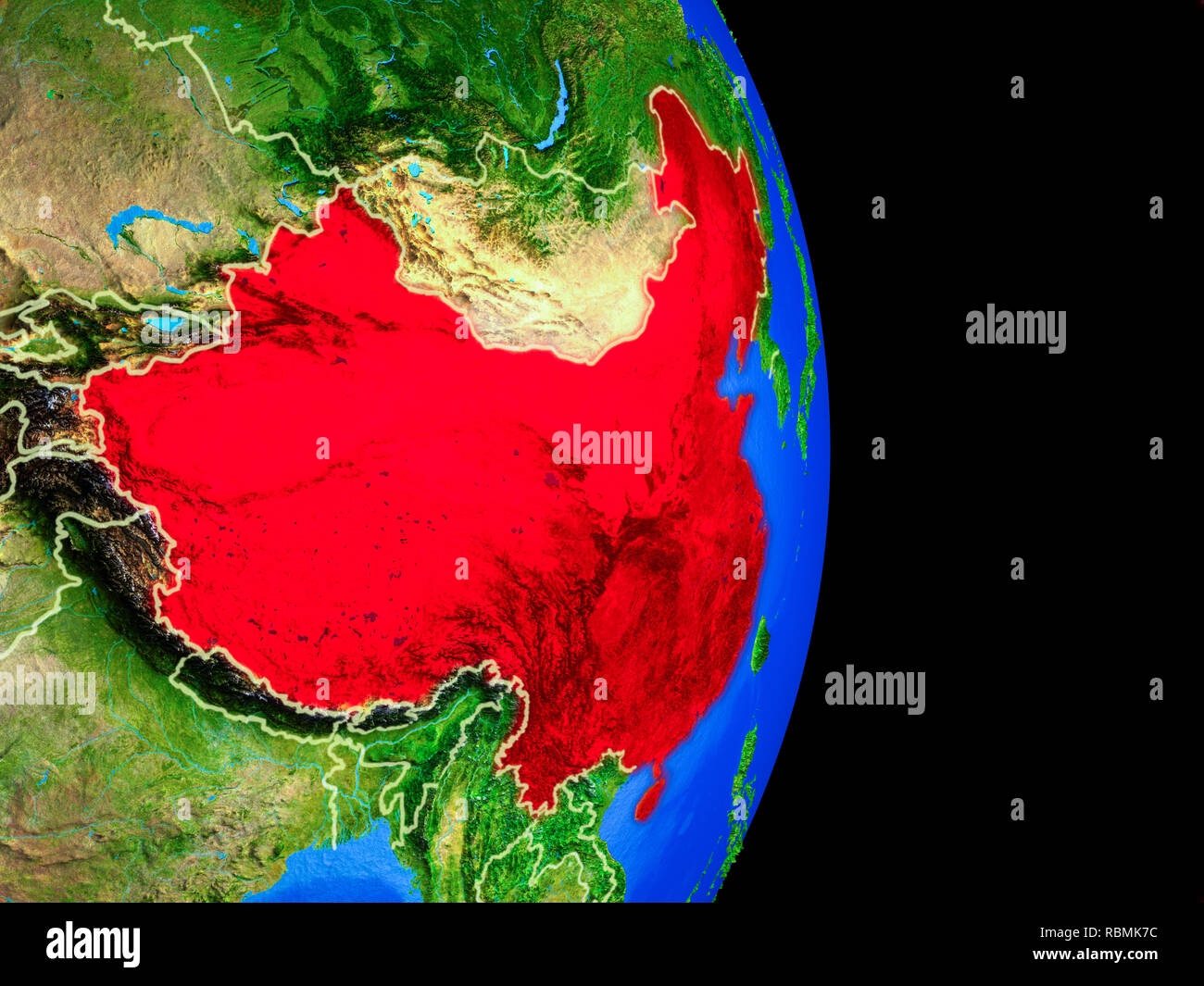 China on realistic model of planet Earth with country borders and very ...