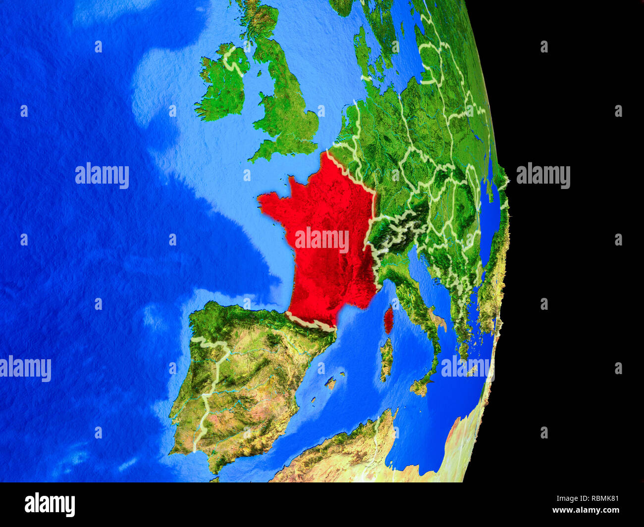 France on realistic model of planet Earth with country borders and very ...