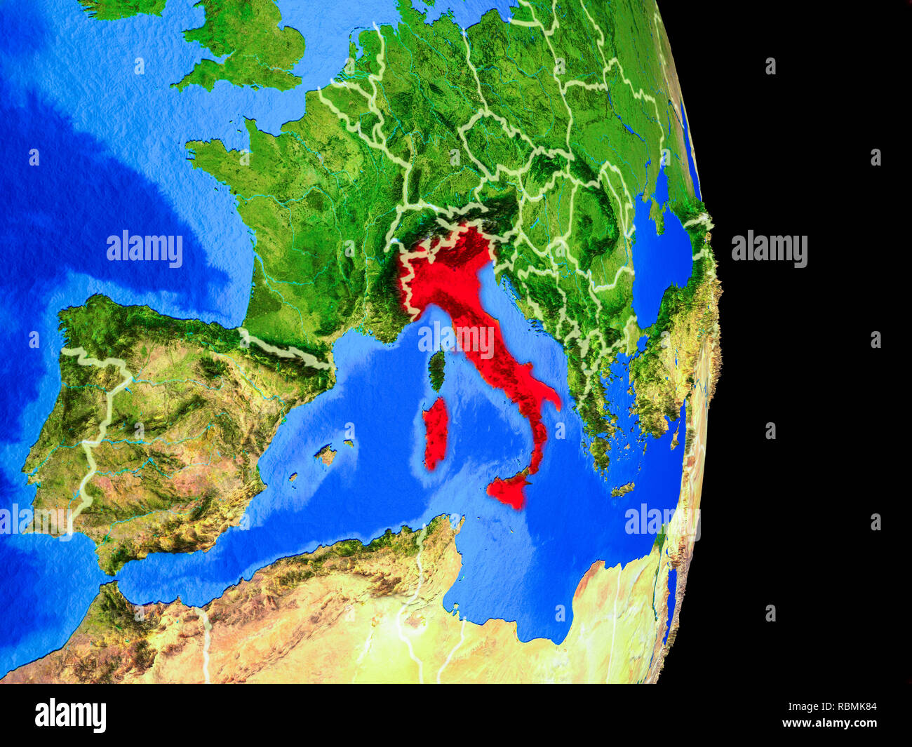 Italy on realistic model of planet Earth with country borders and very ...