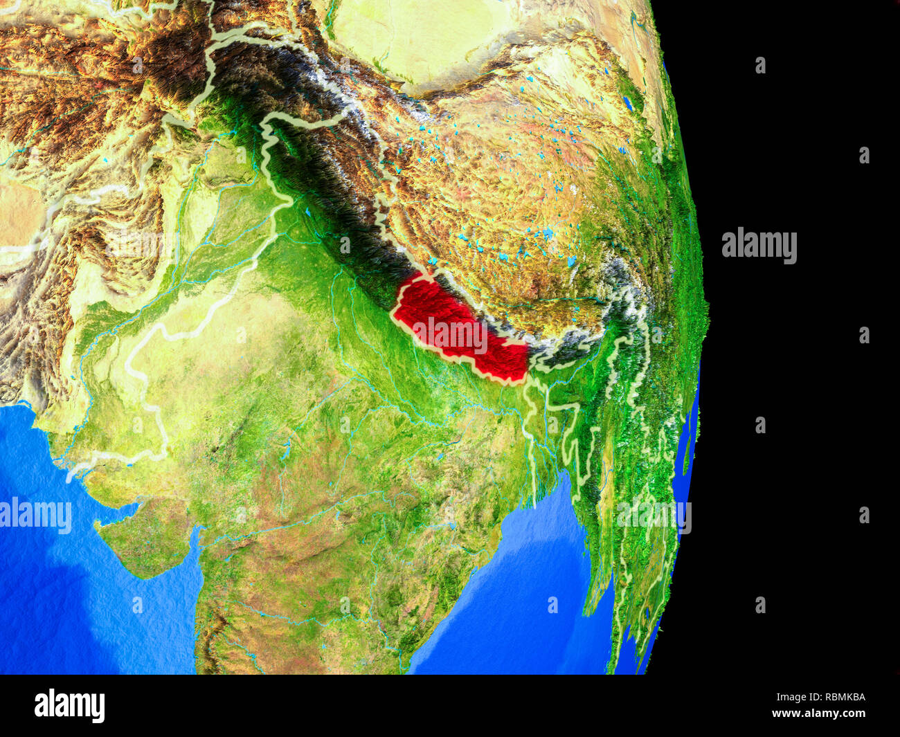 Nepal on realistic model of planet Earth with country borders and very ...