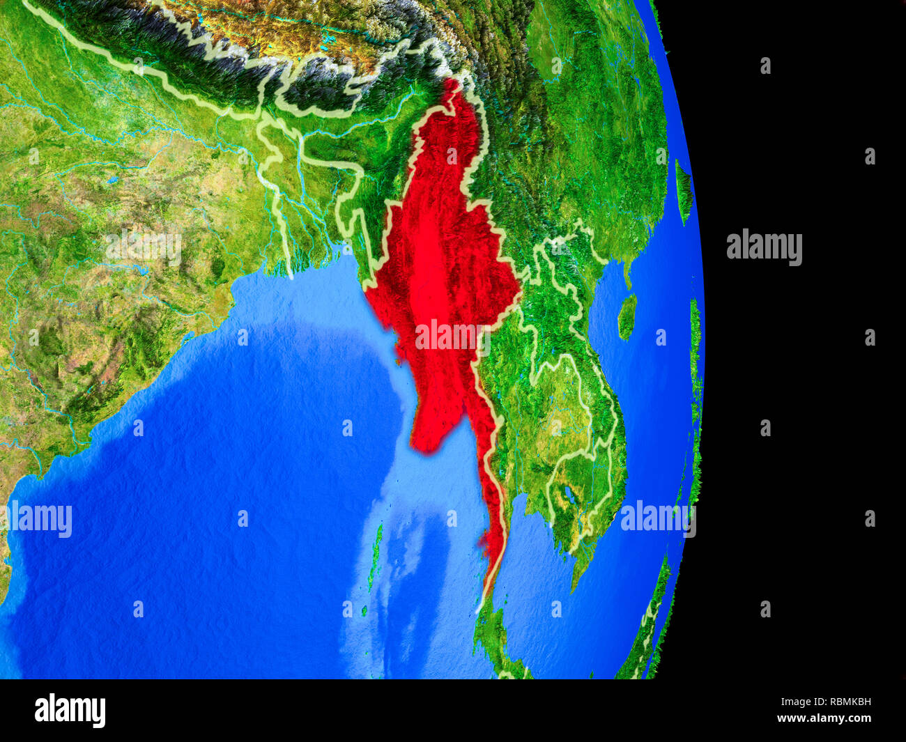 Myanmar on realistic model of planet Earth with country borders and ...