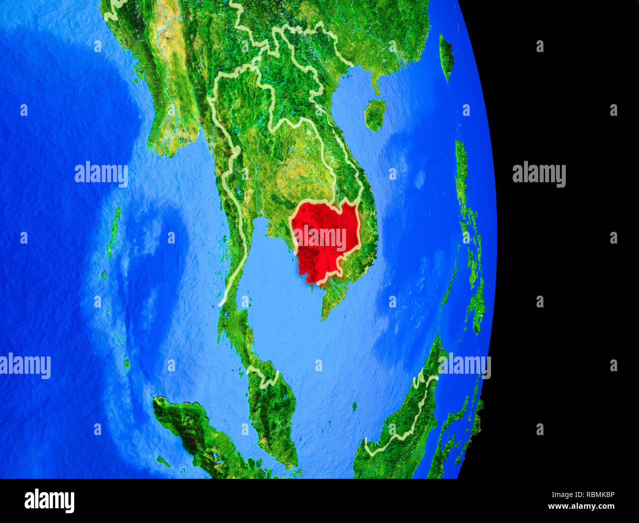 Cambodia on realistic model of planet Earth with country borders and ...