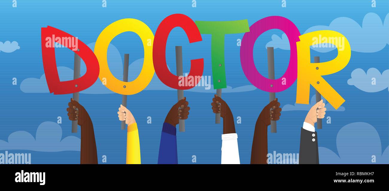 Diverse hands holding letters of the alphabet created the word Doctor ...