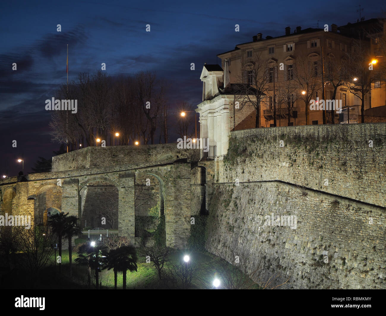 Bergamo, Italy. San Giacomo monument and the Venetian walls during the ...