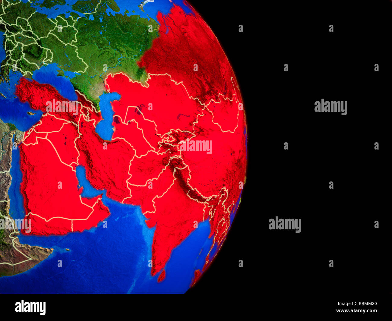 Asia on realistic model of planet Earth with country borders and very ...