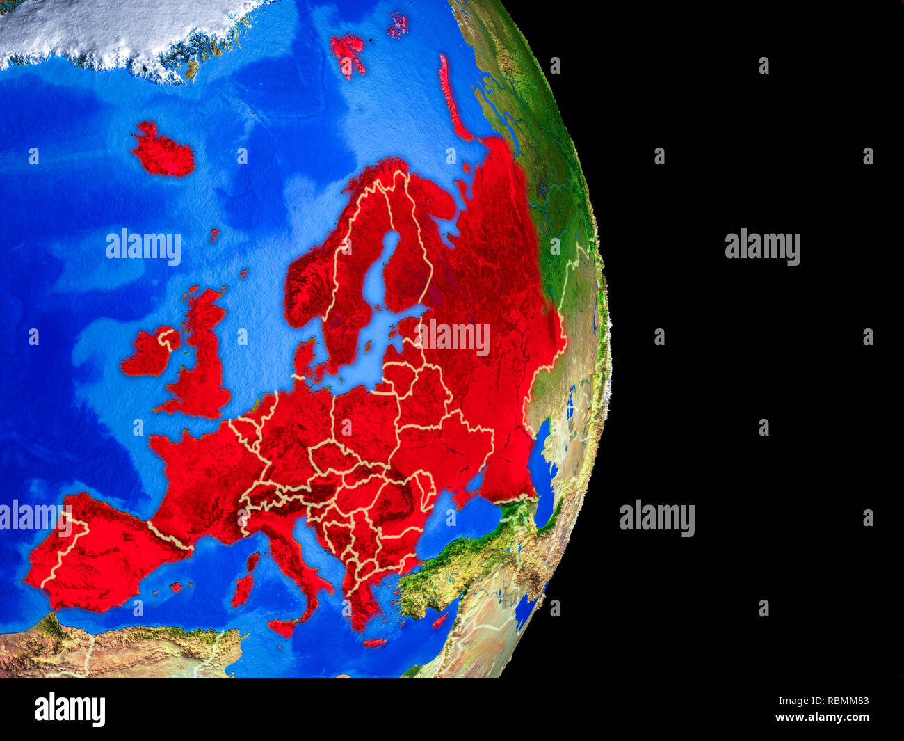 Europe on realistic model of planet Earth with country borders and very ...