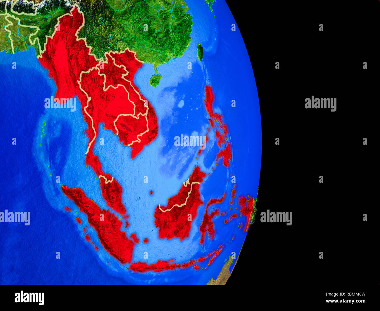 South East Asia on realistic model of planet Earth with country borders ...