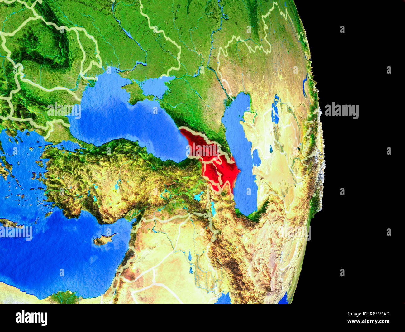 Caucasus region on realistic model of planet Earth with country borders ...