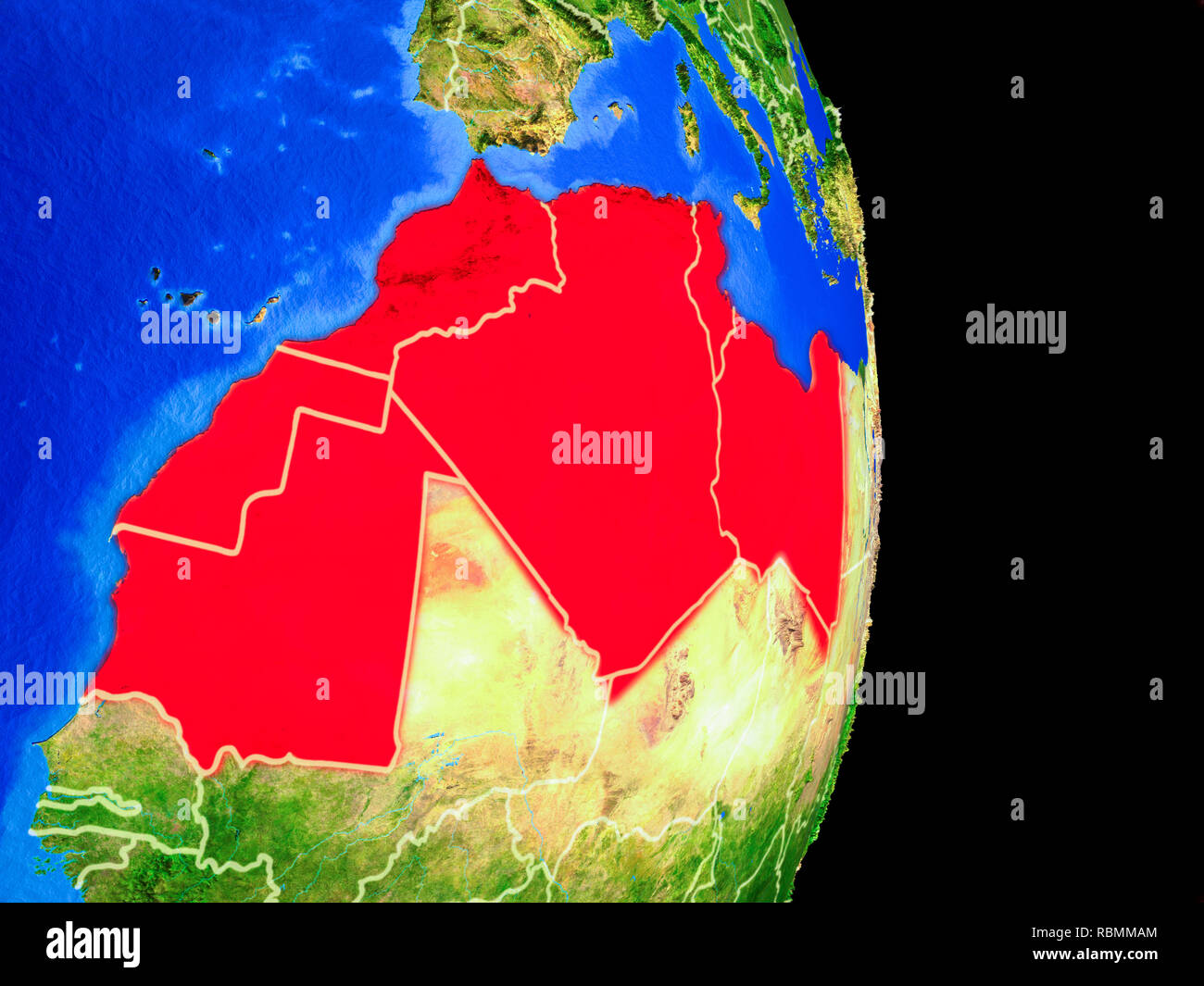 Maghreb region on realistic model of planet Earth with country borders ...