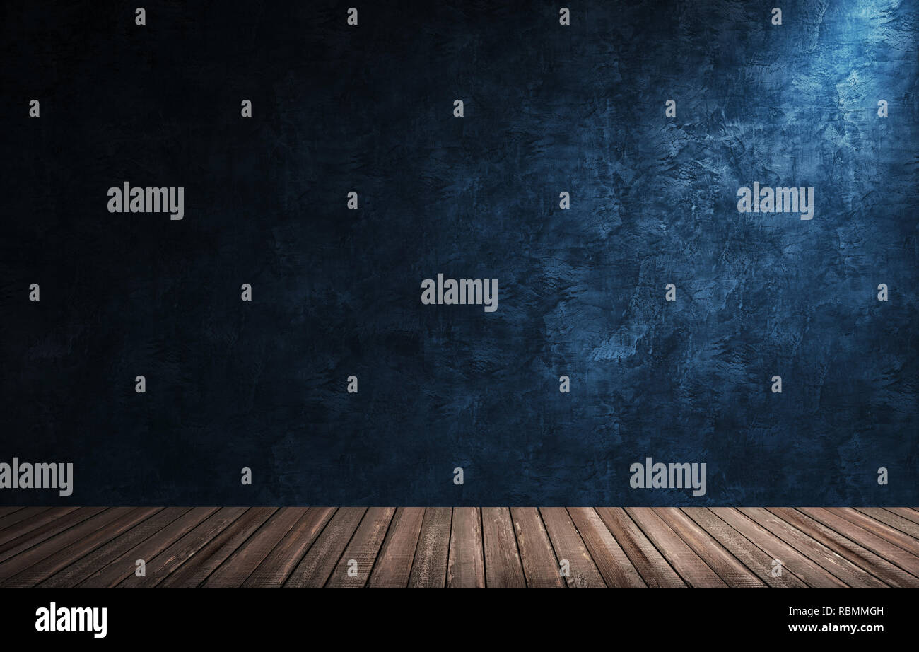 3d rendering illustration of big modern room with blue plaster wall ...