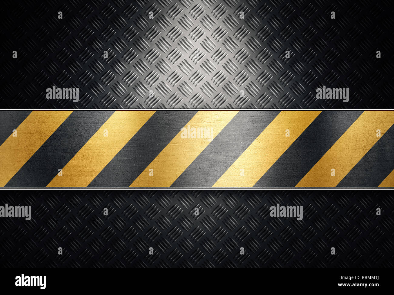 Old black grungy diamond metal plate surface with caution plate in ...