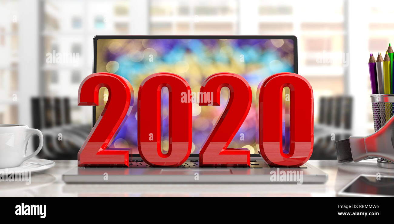 2020. New year, red digits, on a computer laptop, blur business office ...