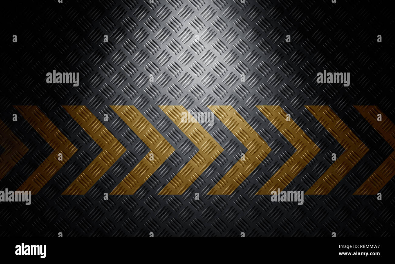 Old black grungy diamond metal plate surface with caution warning ...
