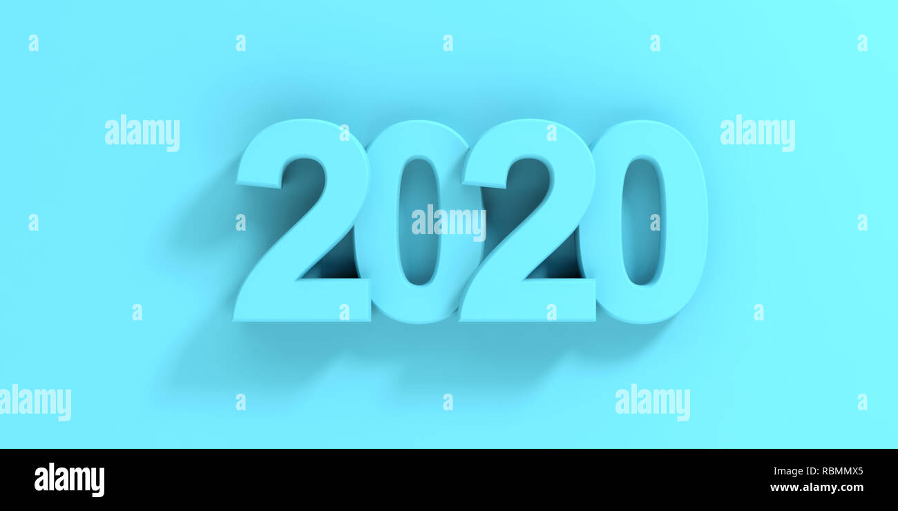 2020 New year. Blue sign, blue number 2020 on bright blue background ...