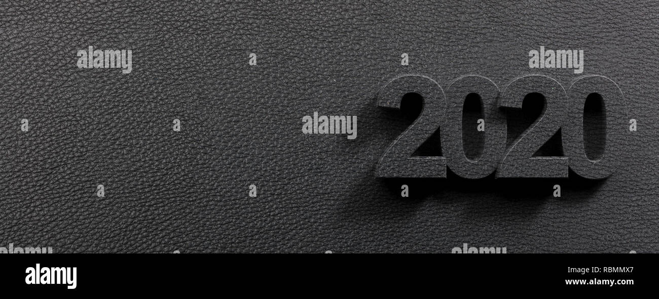 2020 New year. Black leather sign, number 2020, banner, copy space. 3d ...