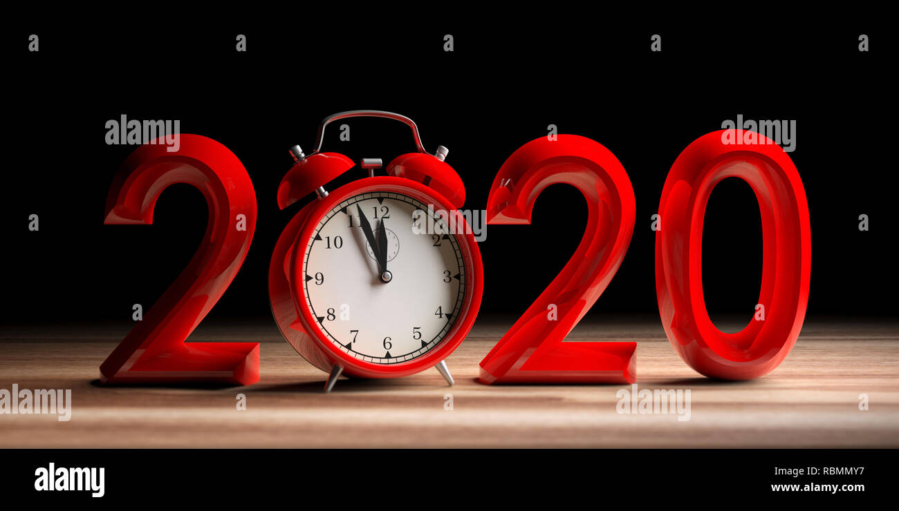 2020. New year eve, red digits and alarm clock on wooden desk, black ...