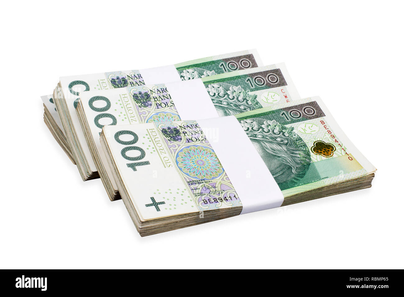 Bundles of polish 100 zloty banknotes. Isolated on white. Path included ...