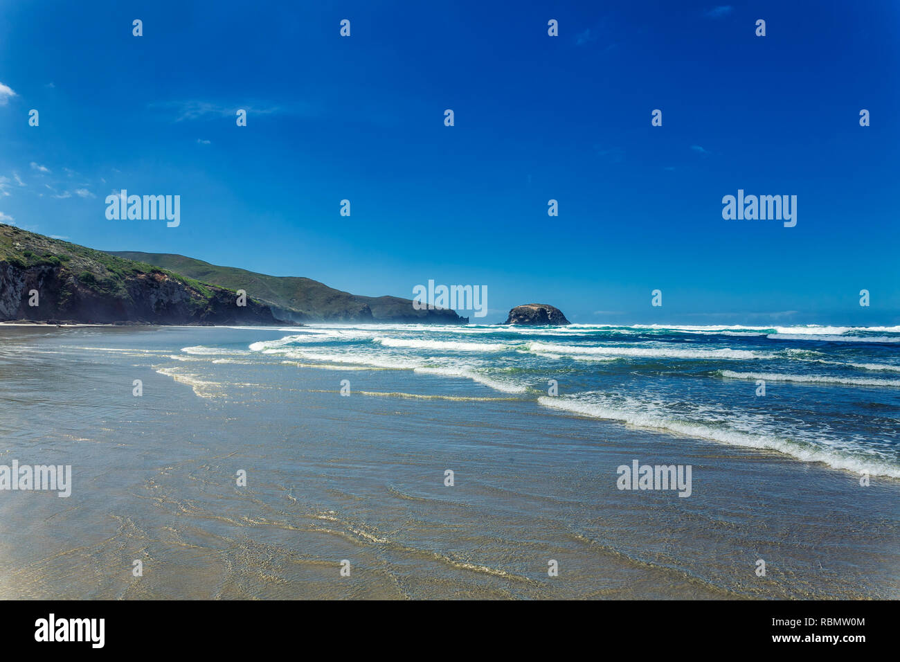 Empty ocean beach with waves in Otago, New Zealand Stock Photo - Alamy