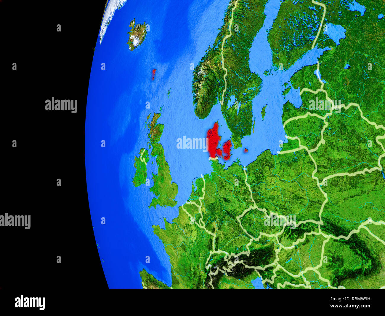 Denmark from space on realistic model of planet Earth with country ...