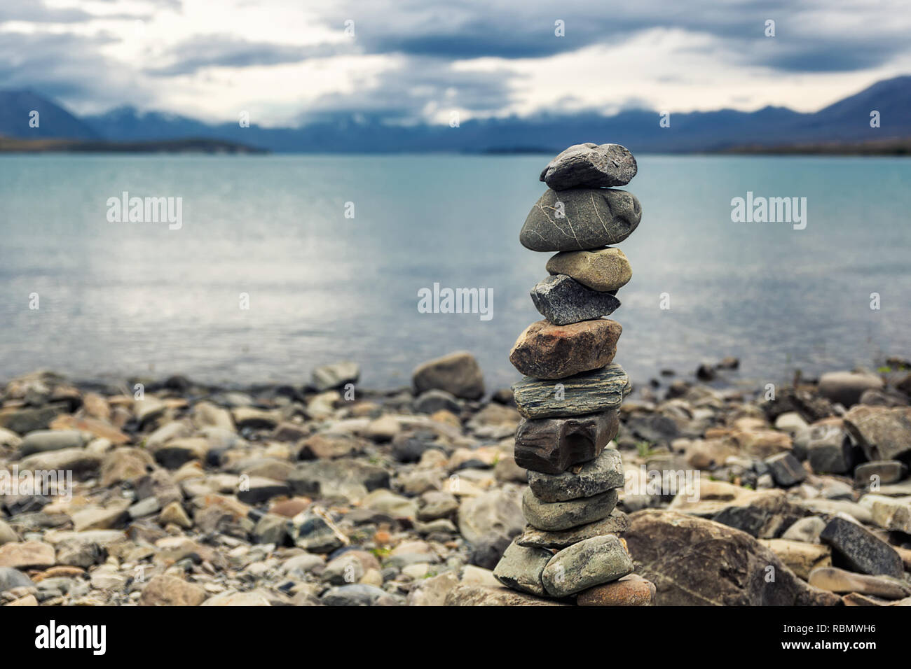 Stone pyramid on the shore of lake Tekapo, South Island, New Zealand ...