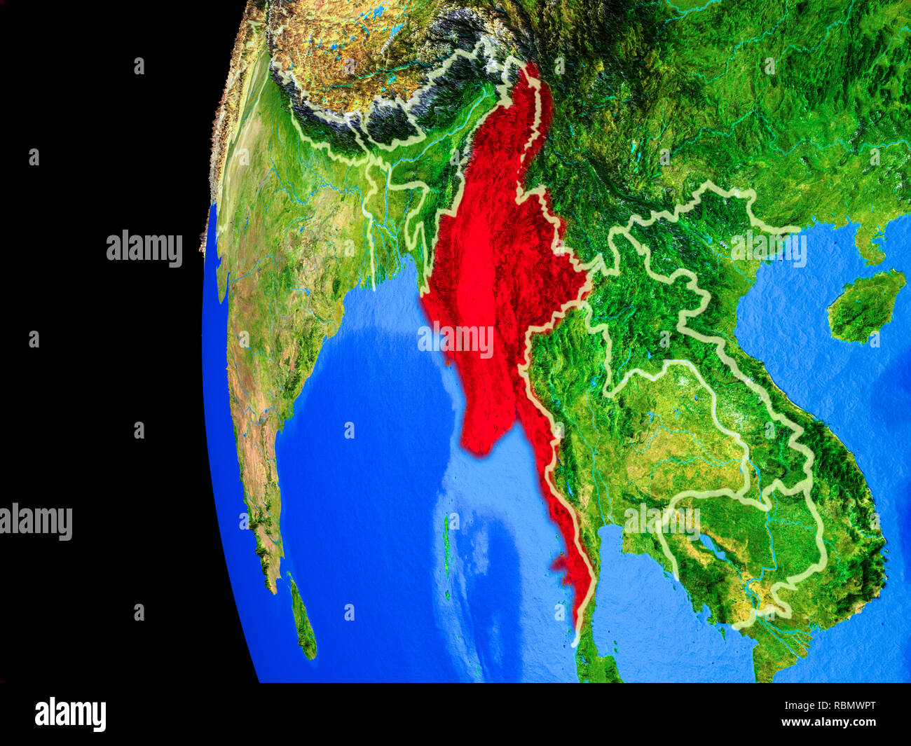 Myanmar from space on realistic model of planet Earth with country ...