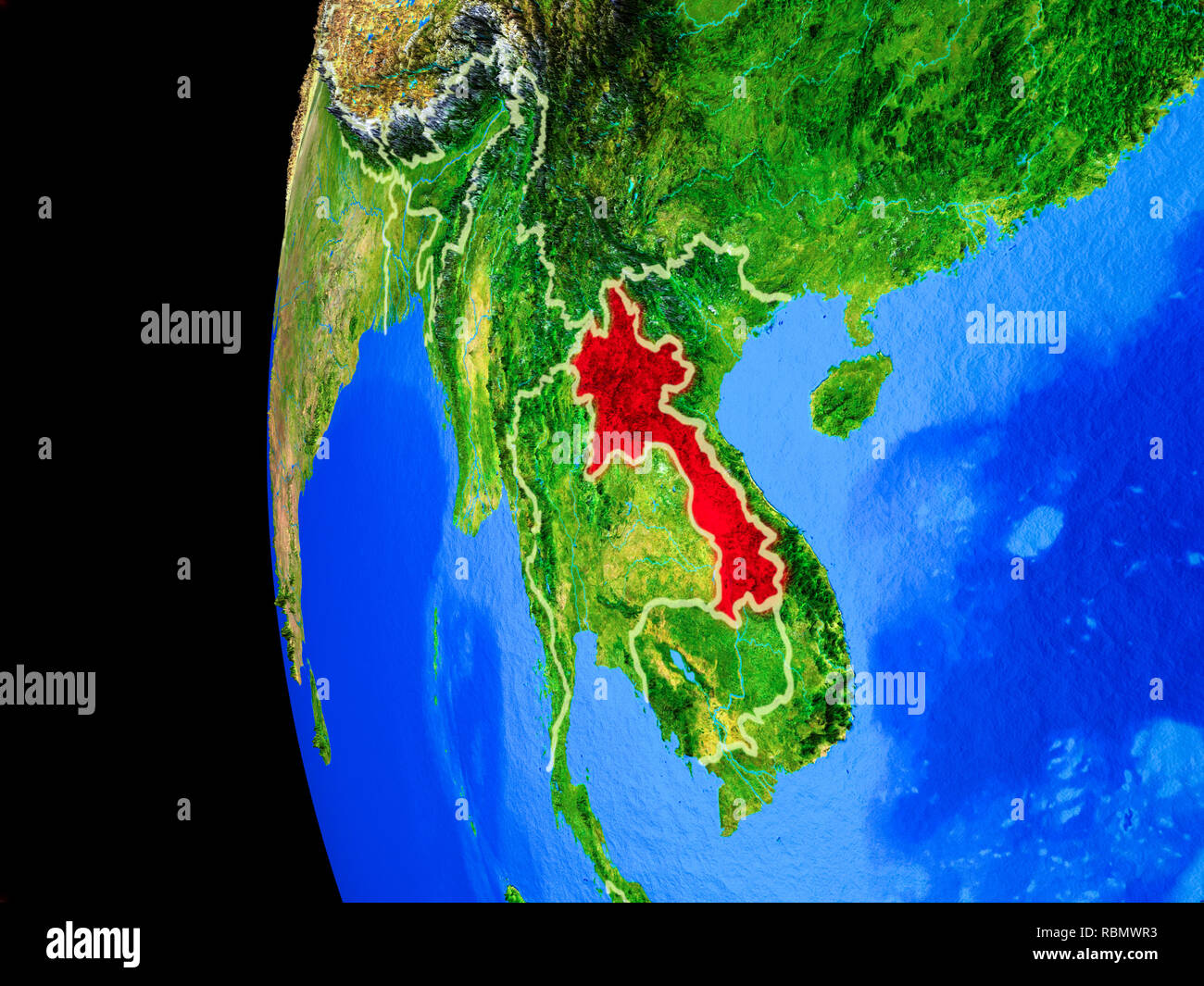 Laos from space on realistic model of planet Earth with country borders ...
