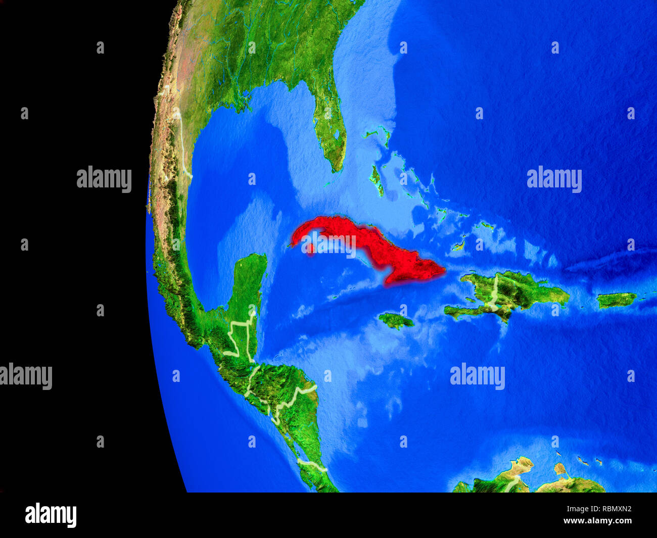 Cuba from space on realistic model of planet Earth with country borders ...