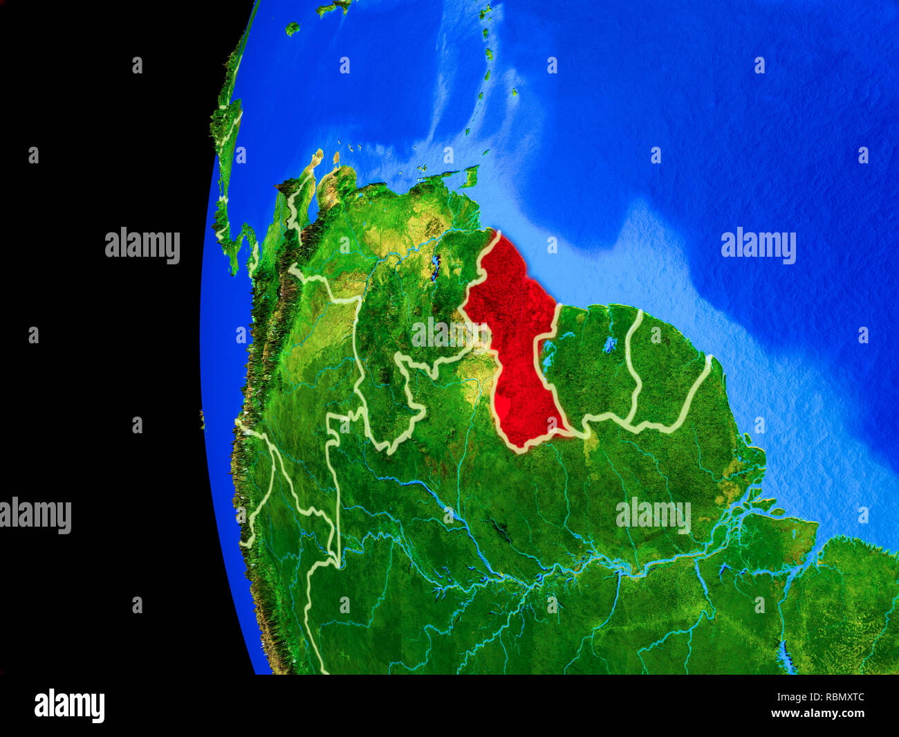 Guyana from space on realistic model of planet Earth with country ...