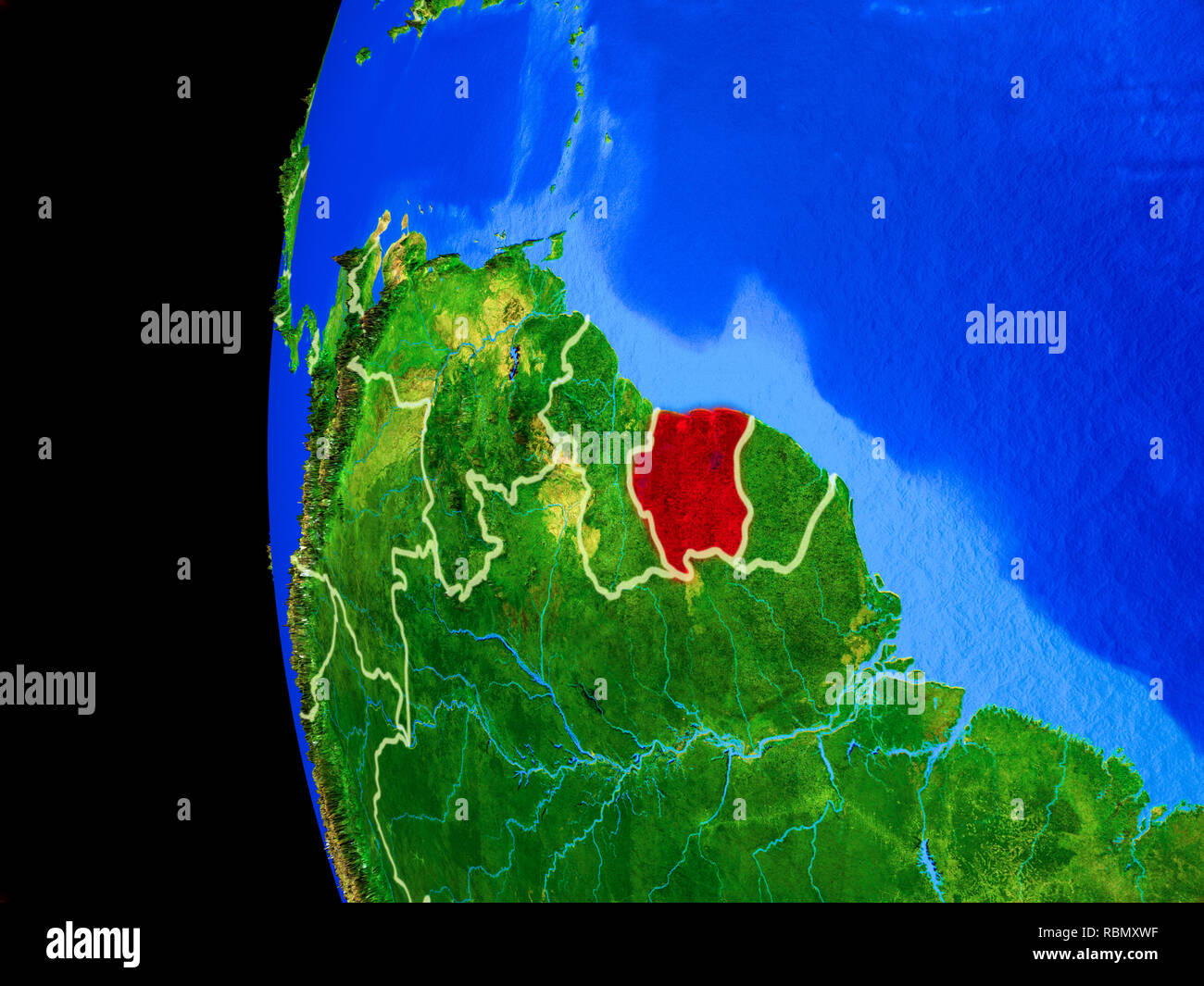 Suriname from space on realistic model of planet Earth with country ...