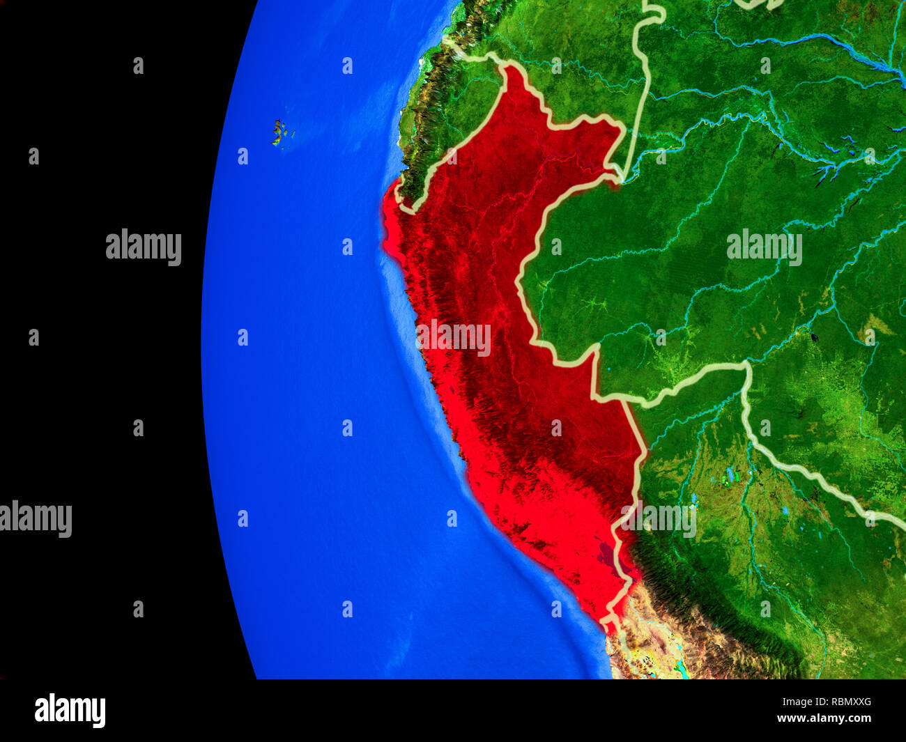 Peru from space on realistic model of planet Earth with country borders ...