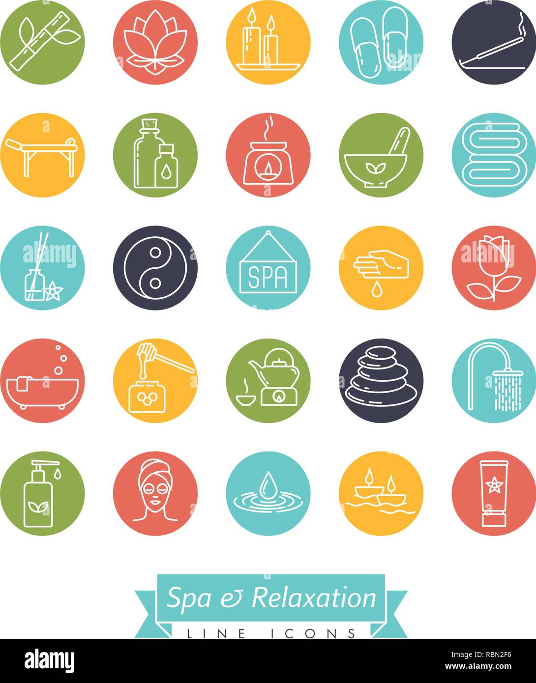 Spa, aromatherapy and herbal medicine round vector line icon collection ...