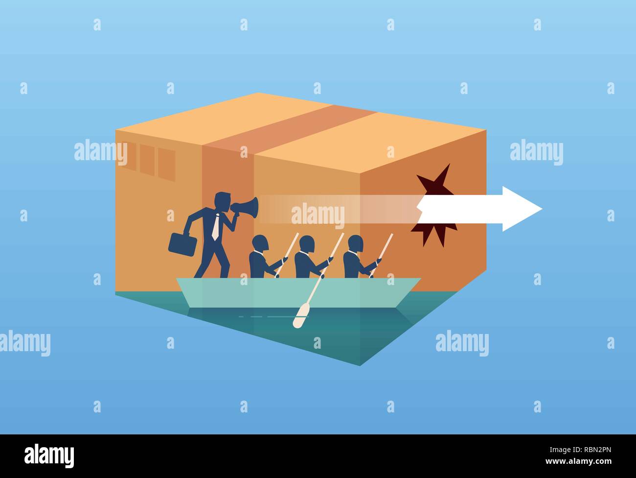 Vector design of a man with businesspeople on boat sailing out of box ...