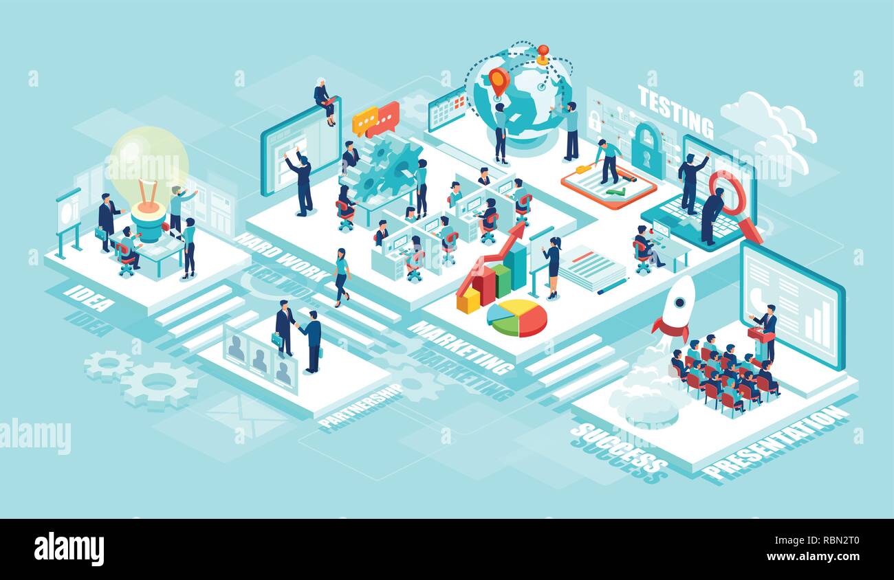 Isometric vector of virtual office with businesspeople, corporate ...