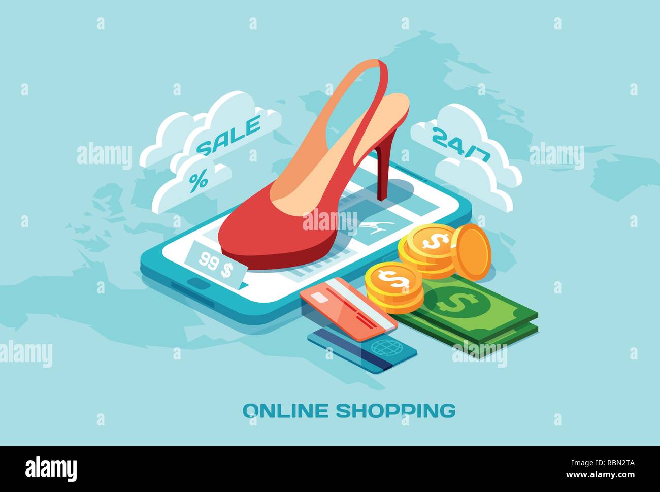 Online shopping ecommerce concept. Isometric poster vector with red shoes credit card money and ...