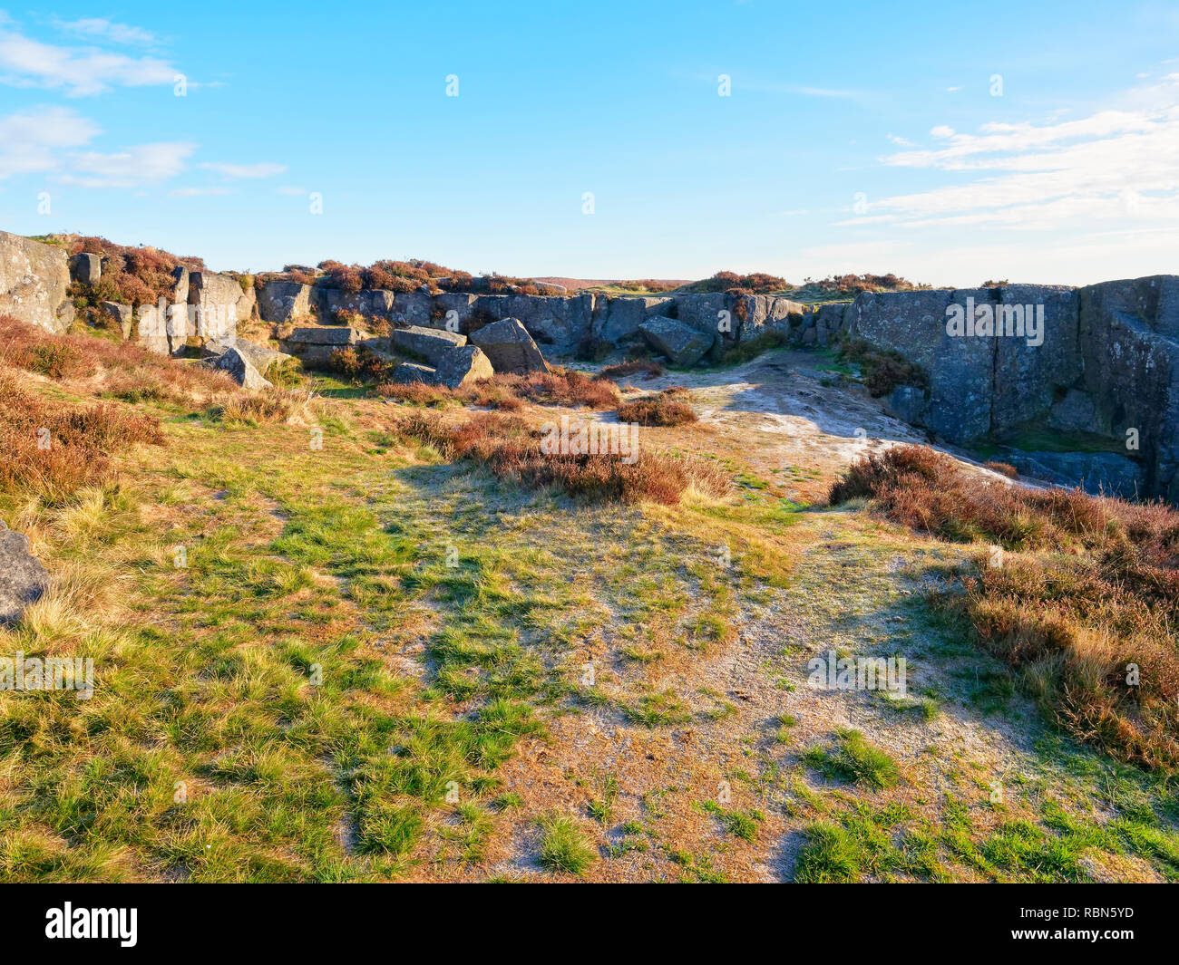 Remains of a small gritstone quarry on curbar Edge in the Derbyshire ...