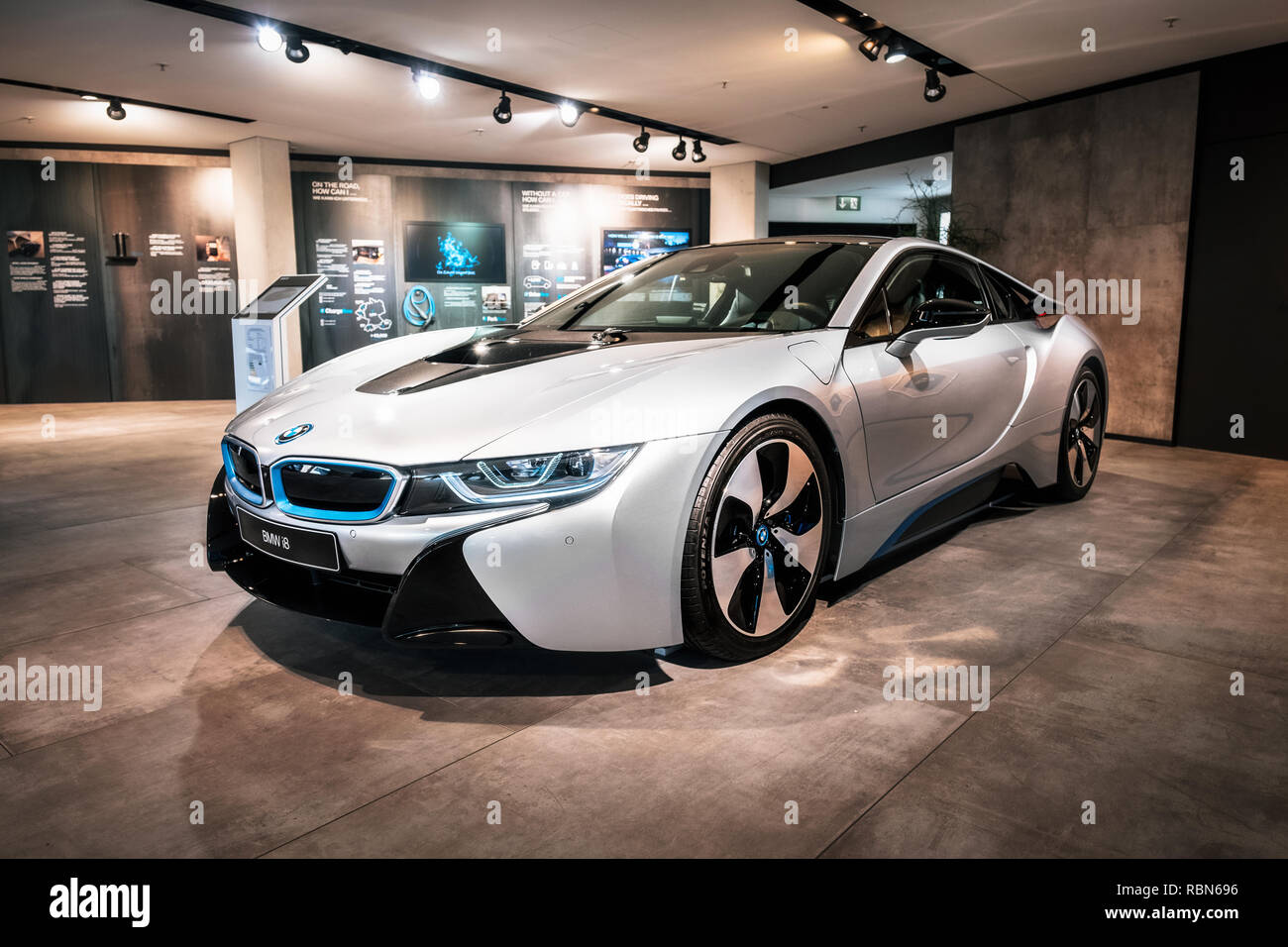 Munich, Germany - December 7, 2017: Front view of BMW i8 electric ...