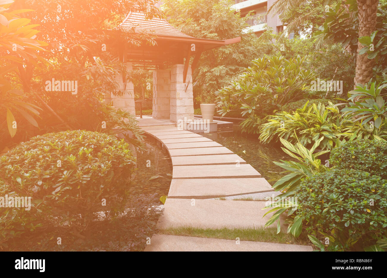 pathway in outdoor of a residential building with the Sun rising in the ...
