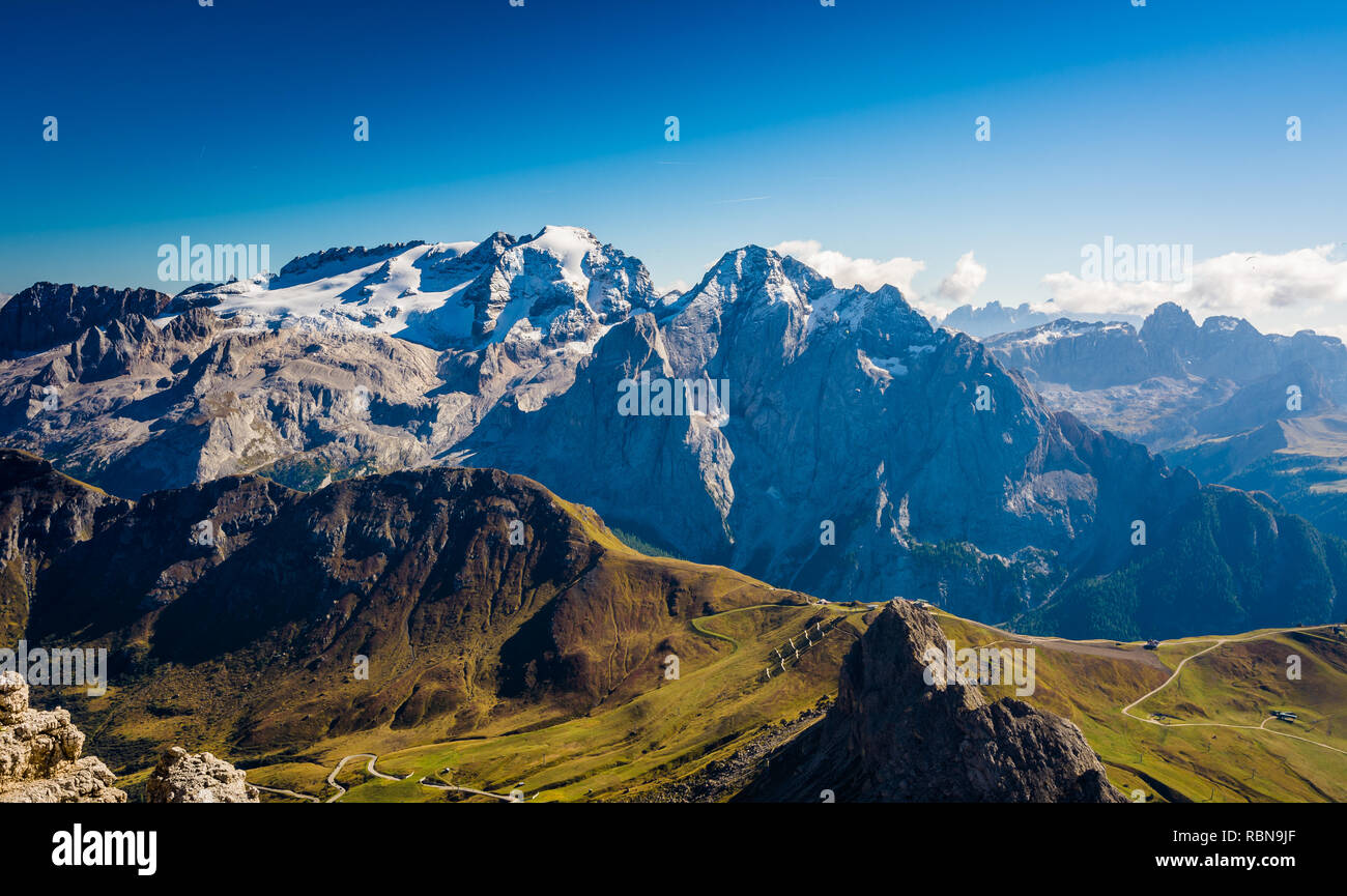 Marmolada massif, Dolomiti, northern Itay. Looking down onto the Pass ...