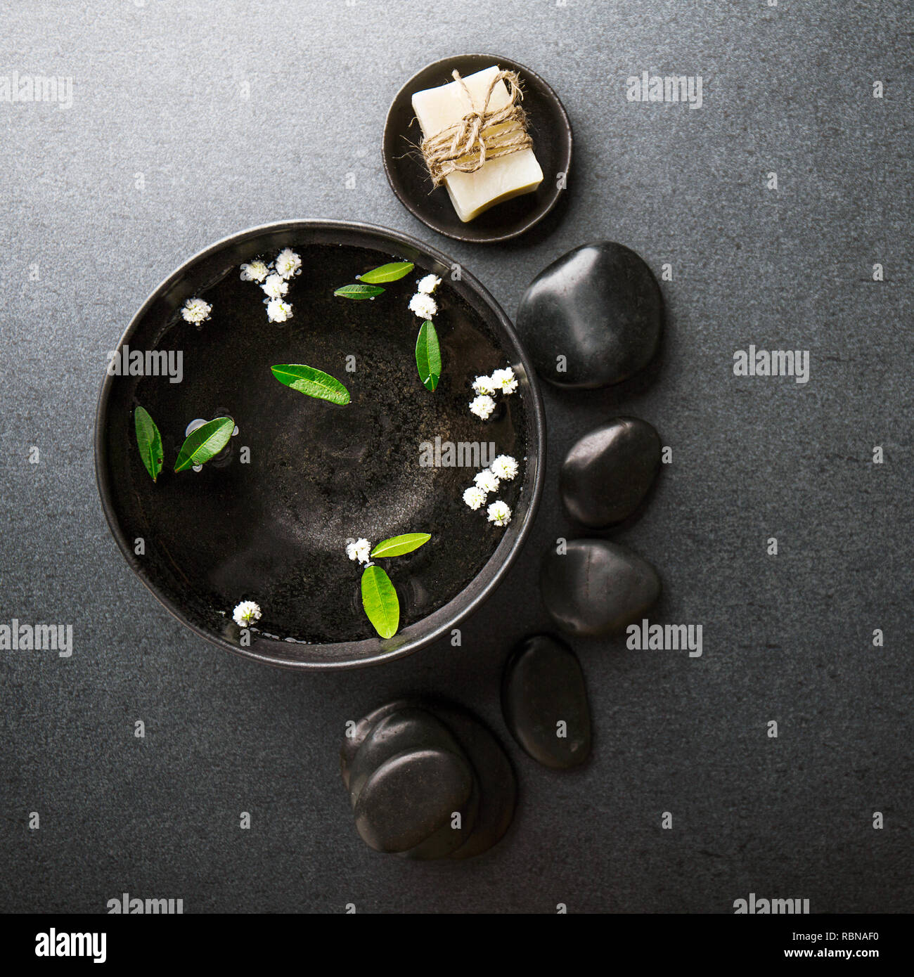 Spa Wellness Relax concept. Spa background with spa accessories on dark ...