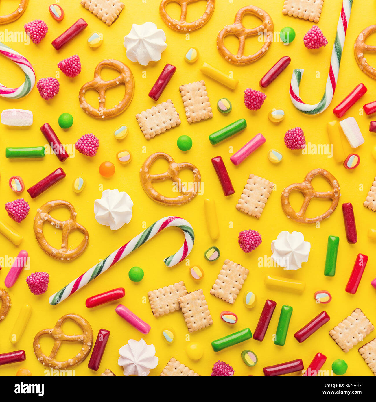 Flat Lay of Tasty Colorful Sweets on Yellow Background. Party Happy ...