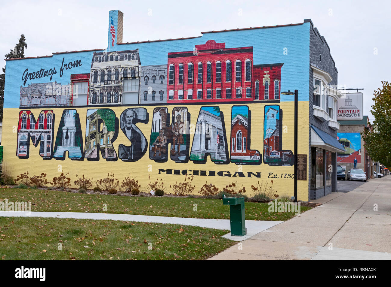 Marshall, Michigan - A painting welcomes visitors. The town is known ...
