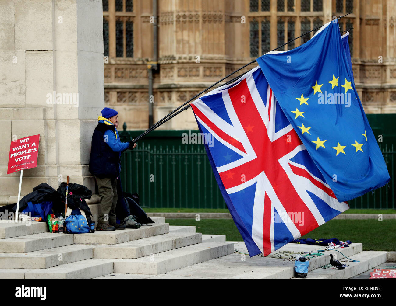 A 'Remain' supporter demonstrates with flags of the EU and the British ...